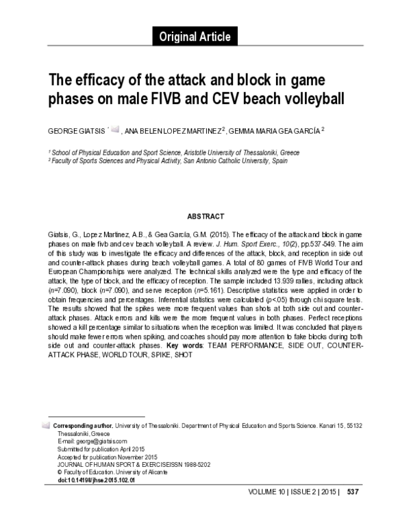 (PDF) The efficacy of the attack and block in game phases on male FIVB ...