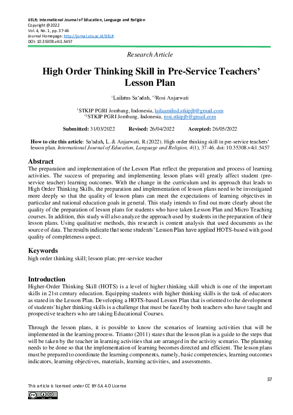 (PDF) High Order Thinking Skill in Pre-Service Teachers’ Lesson Plan