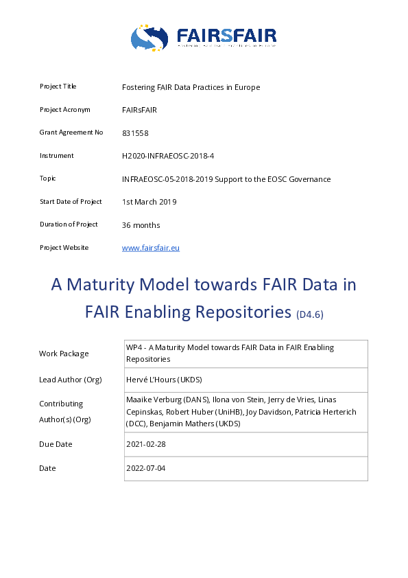 (PDF) Report on a maturity model towards FAIR data in FAIR repositories (D4.6)