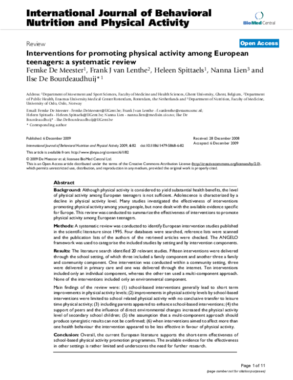 (PDF) Interventions for promoting physical activity among European teenagers: a systematic review