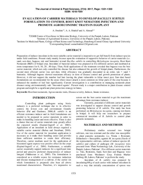 (PDF) Evaluation of Carrier Materials to Develop Bacillus Subtilis ...