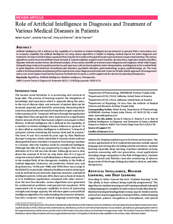 (PDF) Role of Artificial Intelligence in Diagnosis and Treatment of Various Medical Diseases in ...