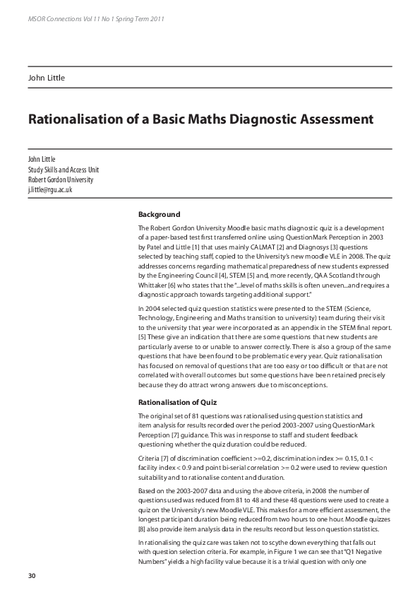 (PDF) Rationalisation of a Basic Maths Diagnostic Assessment