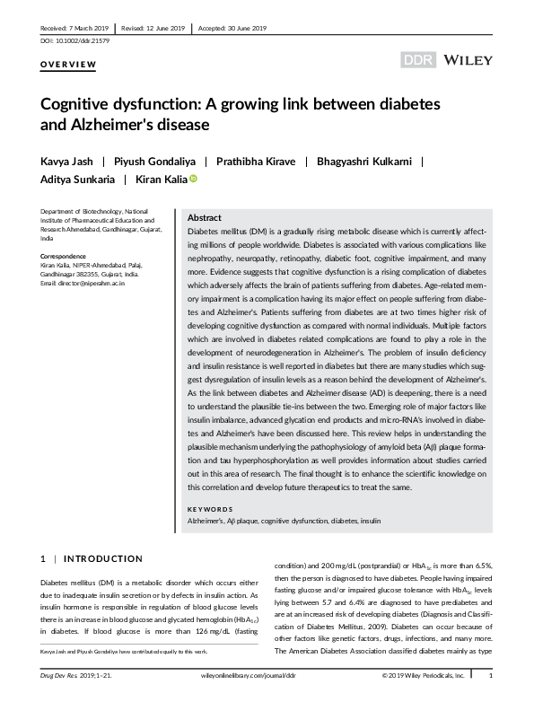 (PDF) Cognitive dysfunction: A growing link between diabetes and ...