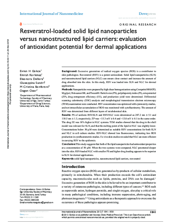 Pdf Resveratrol Loaded Solid Lipid Nanoparticles Versus Nanostructured Lipid Carriers