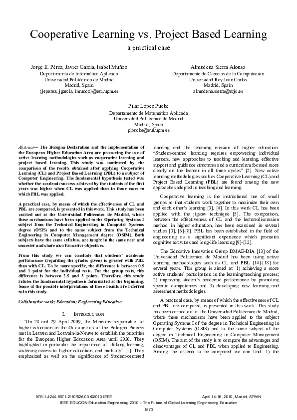 (PDF) Cooperative learning vs. project based learning: A practical case