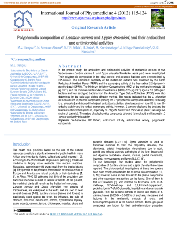 (PDF) Polyphenolic composition of Lantana camara and Lippia chevalieri, and their Antioxidant ...