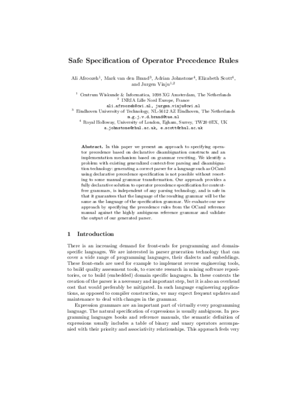 (PDF) Safe Specification of Operator Precedence Rules | Jurgen Vinju - Academia.edu
