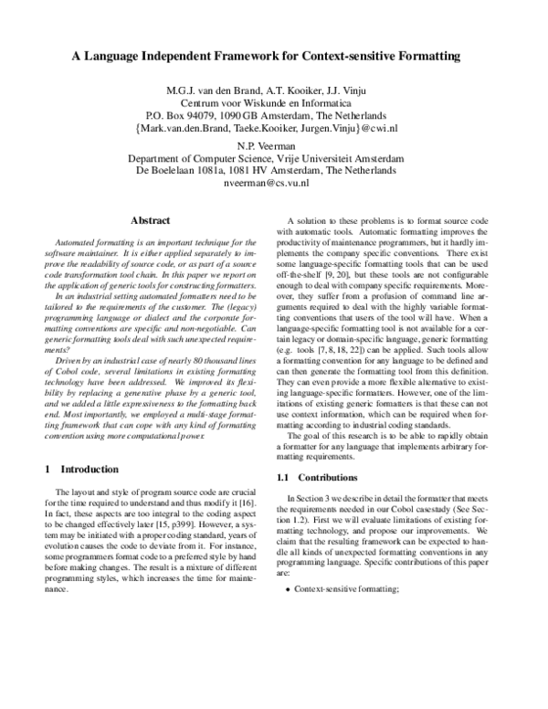 (PDF) A language independent framework for context-sensitive formatting