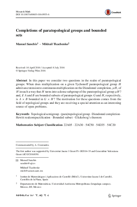 (PDF) Completions of paratopological groups and bounded sets