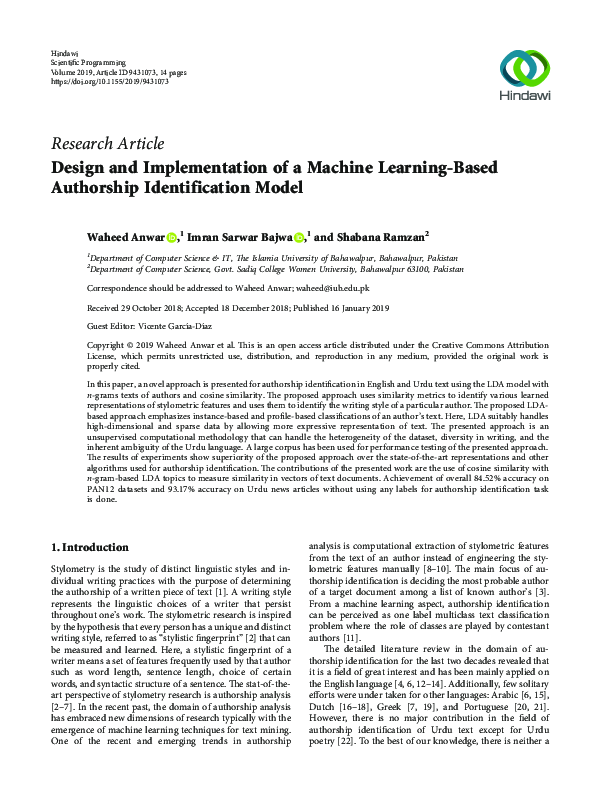(PDF) Design and Implementation of a Machine Learning-Based Authorship Identification Model