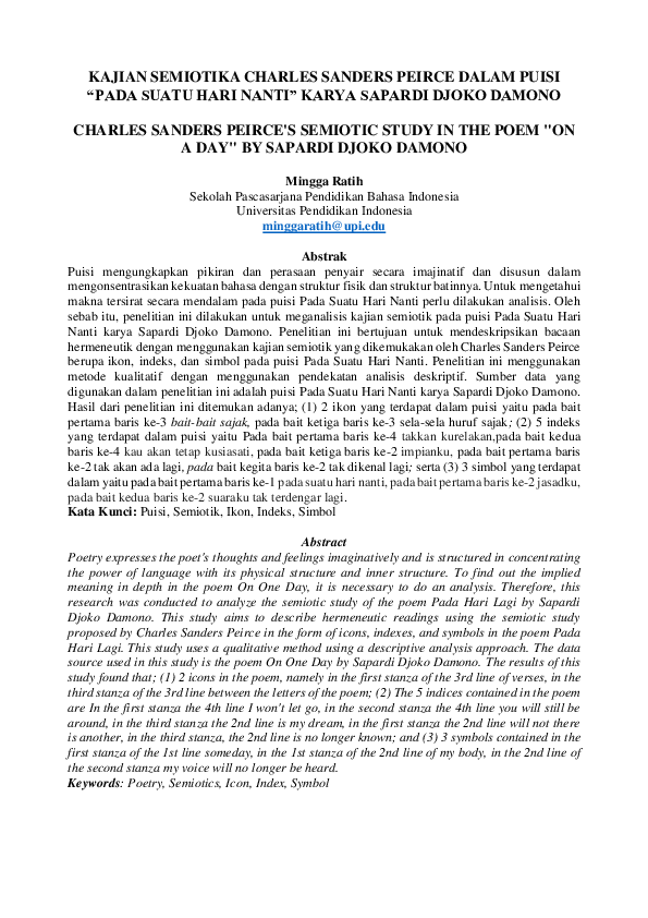 (PDF) KAJIAN SEMIOTIKA CHARLES SANDERS PEIRCE DALAM PUISI "PADA SUATU HARI NANTI" KARYA SAPARDI ...