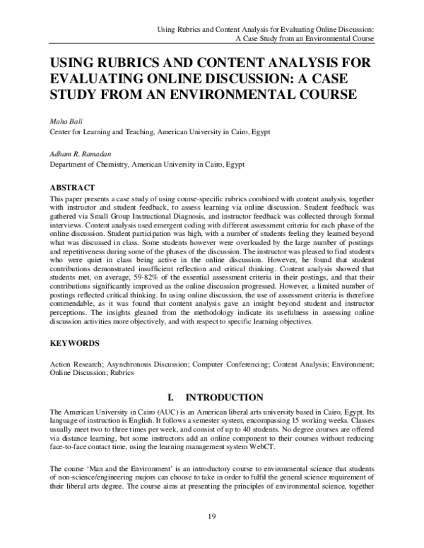 (PDF) Using Rubrics and Content Analysis for Evaluating Online Discussion: A Case Study from an ...