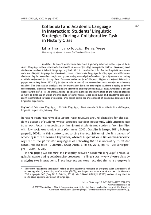 (PDF) Colloquial and Academic Language in Interaction: Students’ Linguistic Strategies During a ...