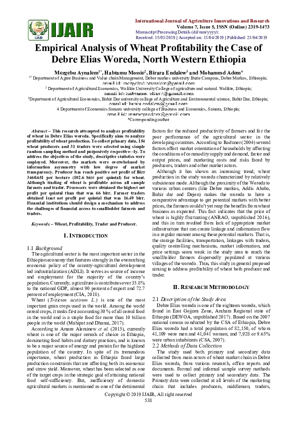 (PDF) Empirical Analysis of Wheat Profitability the Case of Debre Elias ...