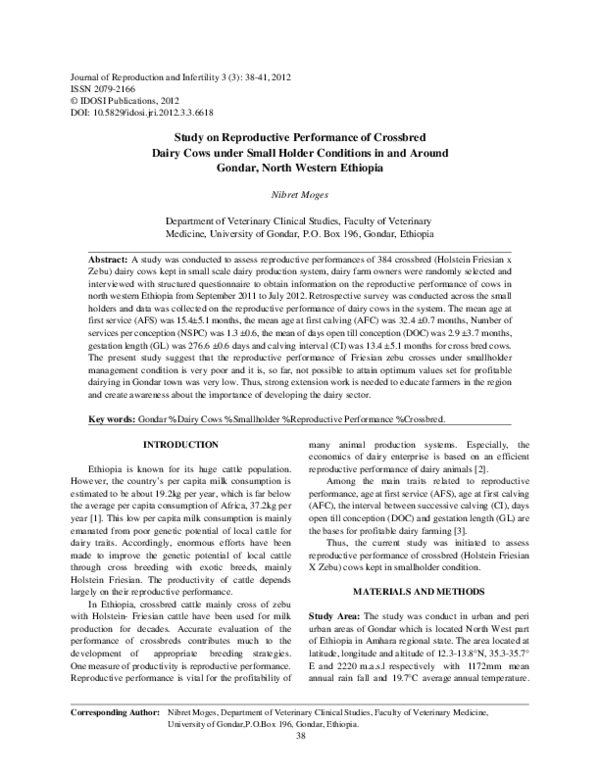 (PDF) Study on Reproductive Performance of Crossbred Dairy Cows under Small Holder Conditions in ...
