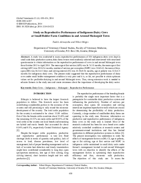 (PDF) Study on Reproductive Performance of Indigenous Dairy Cows at Small Holder Farm Conditions ...