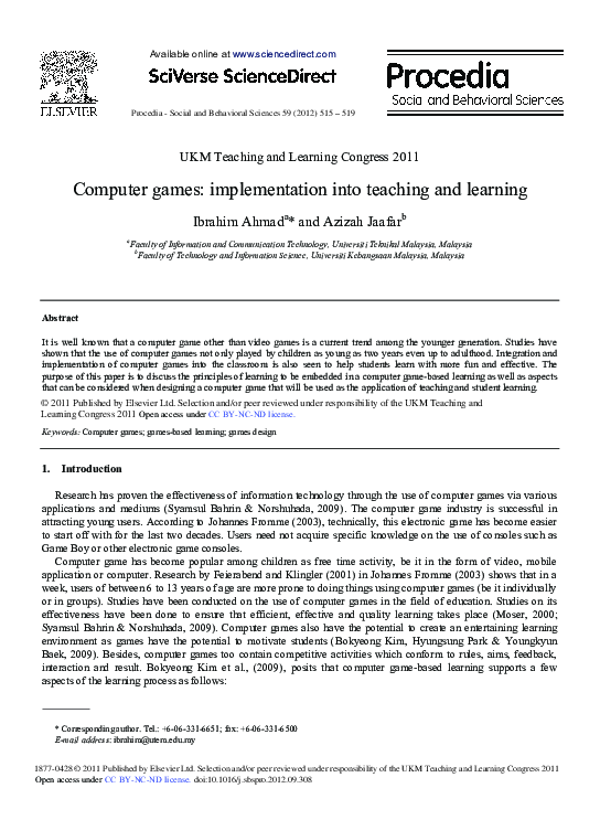 (PDF) Computer Games: Implementation into Teaching and Learning