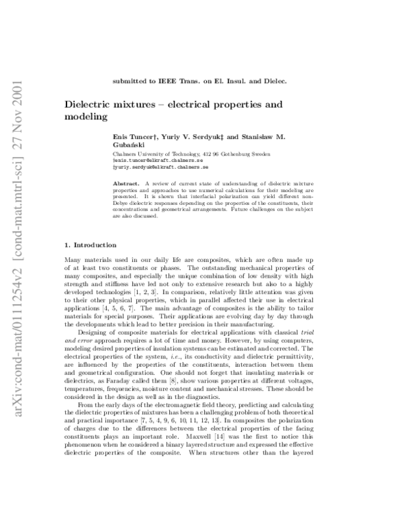 Pdf Dielectric Mixtures Electrical Properties And Modeling