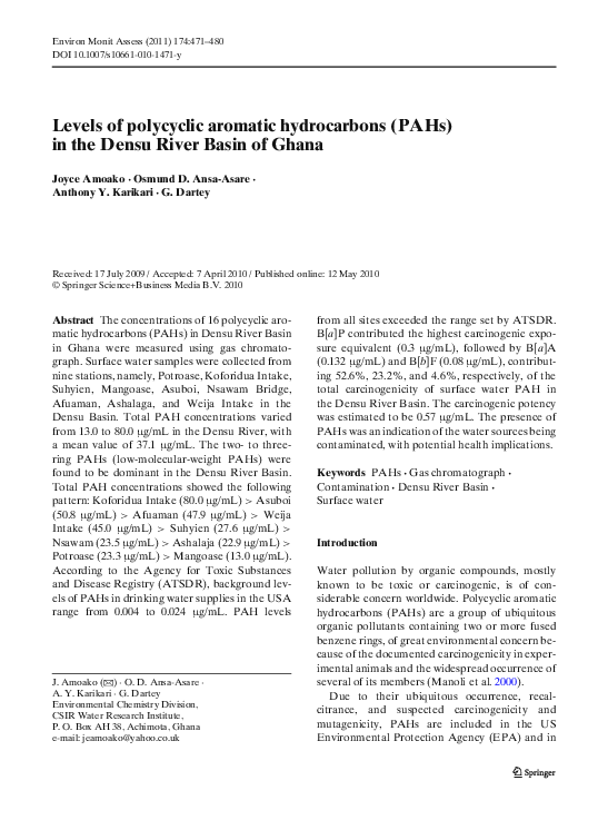(PDF) Levels of polycyclic aromatic hydrocarbons (PAHs) in the Densu River Basin of Ghana ...