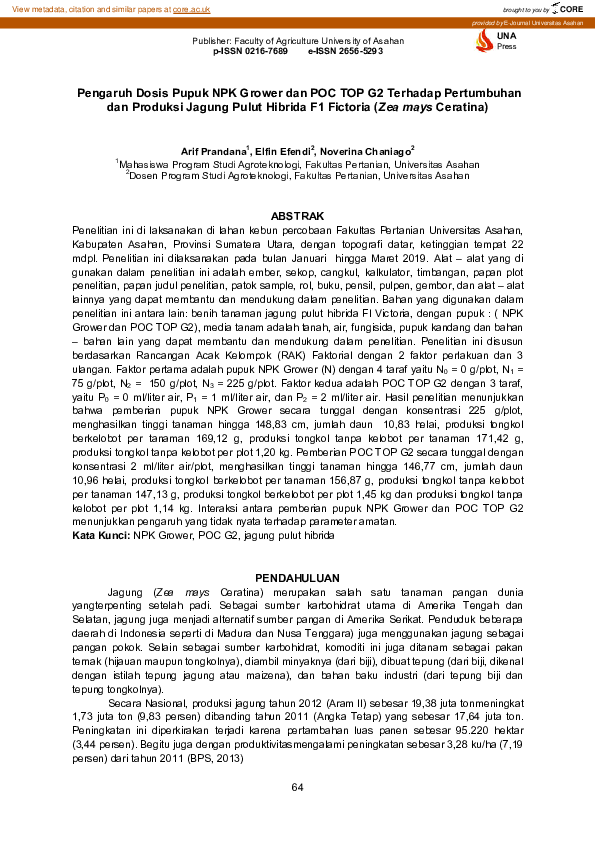 (PDF) Pengaruh Dosis Pupuk NPK Grower dan POC TOP G2 Terhadap Pertumbuhan dan Produksi Jagung ...