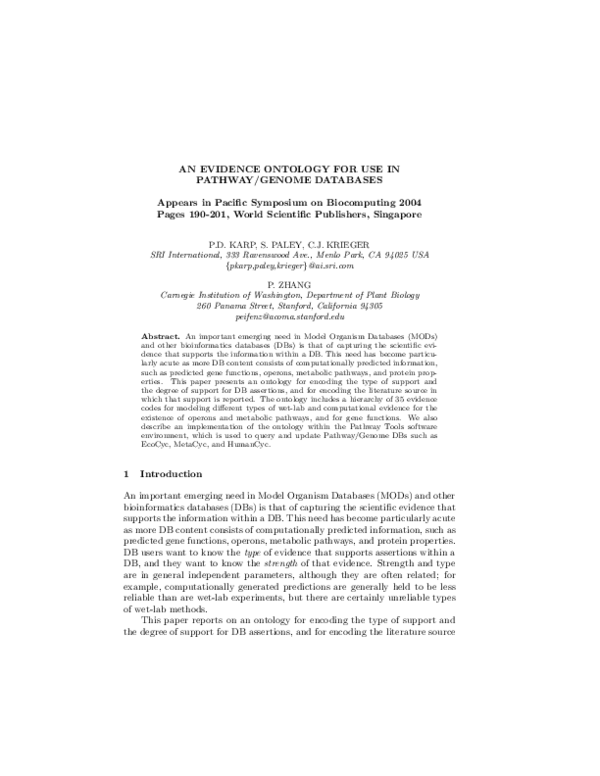 (PDF) An Evidence Ontology for Use in Pathway/Genome Databases