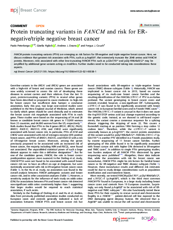 (PDF) Protein truncating variants in FANCM and risk for ER-negative ...