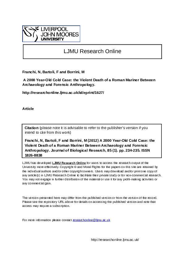 (PDF) A 2000 Year-old cold case: the violent death of a roman mariner ...