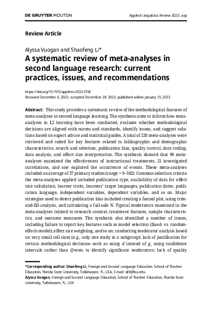 (PDF) A systematic review of meta-analyses in second language research ...