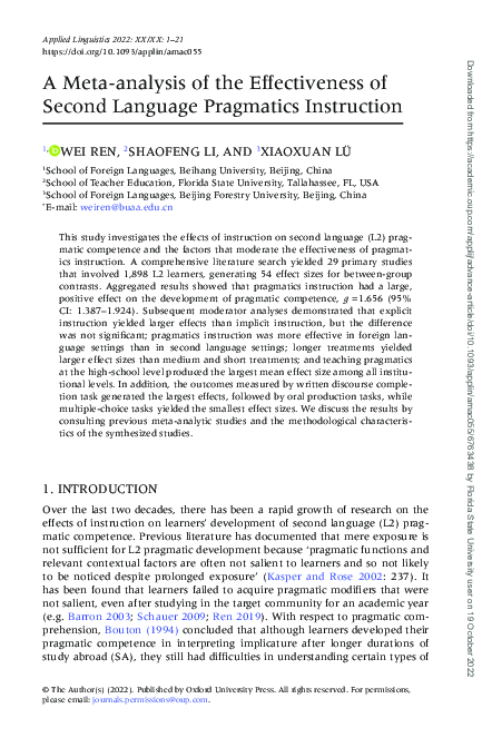 (PDF) A Meta-analysis of the Effectiveness of Second Language Pragmatics Instruction