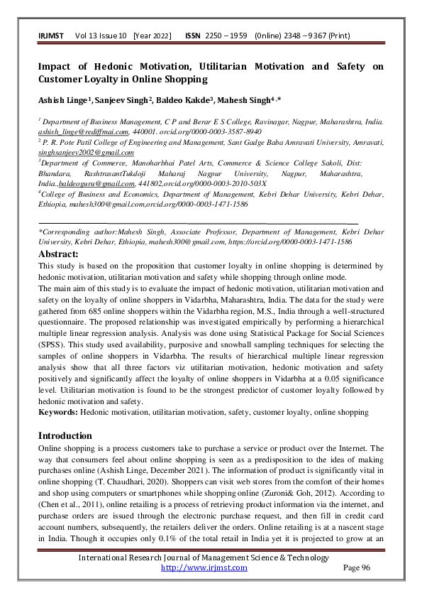 (PDF) Impact of Hedonic Motivation, Utilitarian Motivation and Safety ...