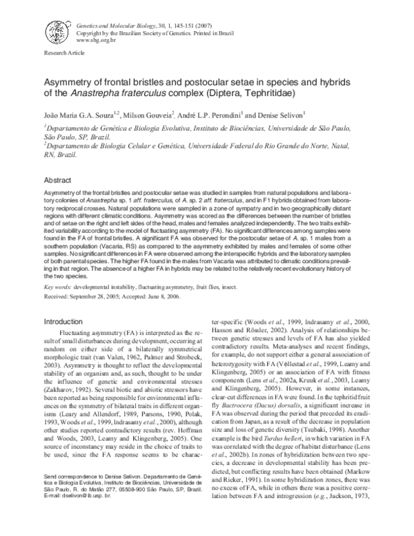 (PDF) Asymmetry of frontal bristles and postocular setae in species and ...