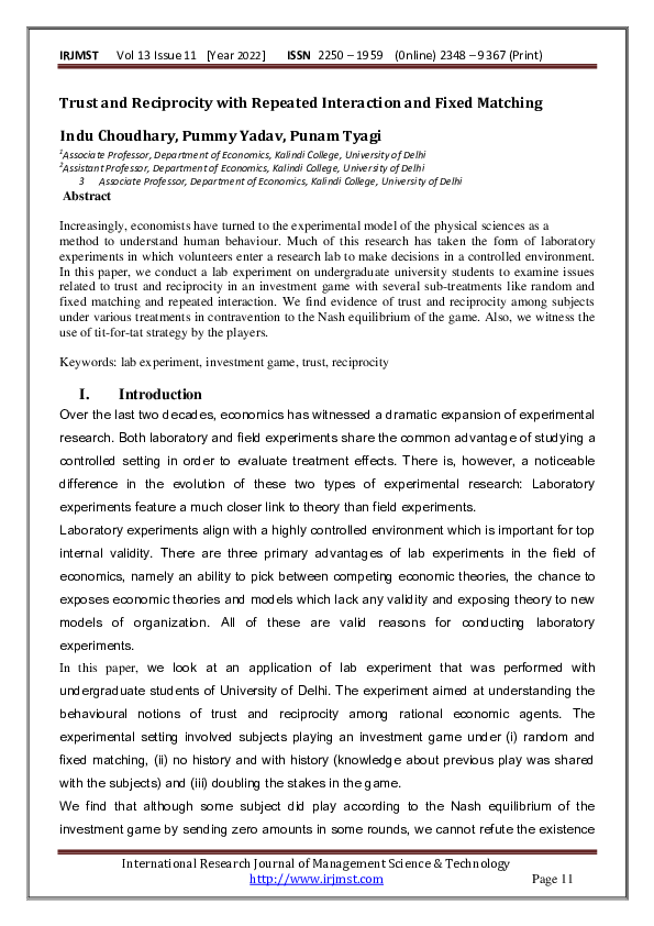 (PDF) Trust and Reciprocity with Repeated Interaction and Fixed Matching