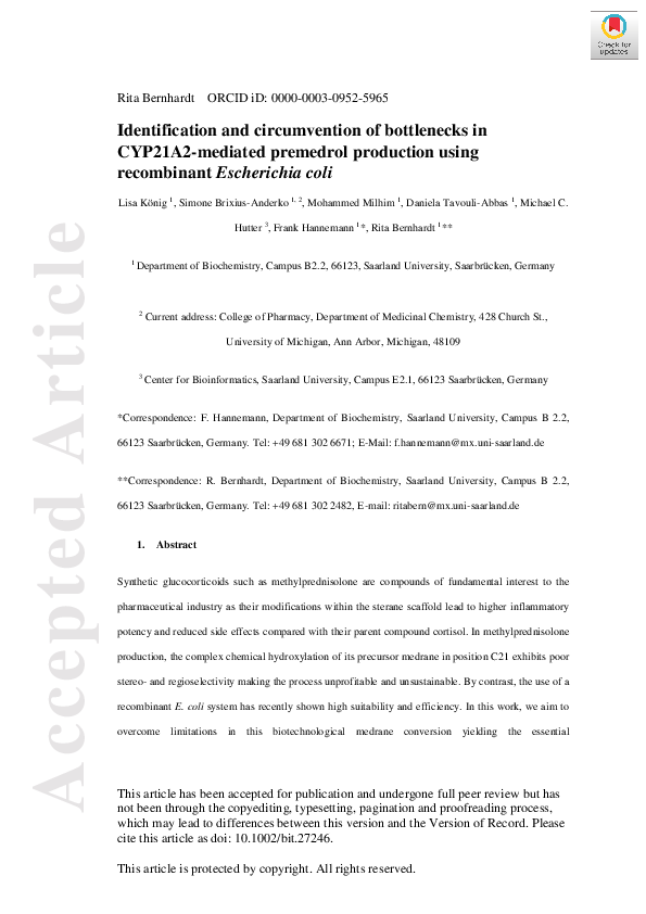 (PDF) Identification and circumvention of bottlenecks in CYP21A2‐mediated premedrol production ...