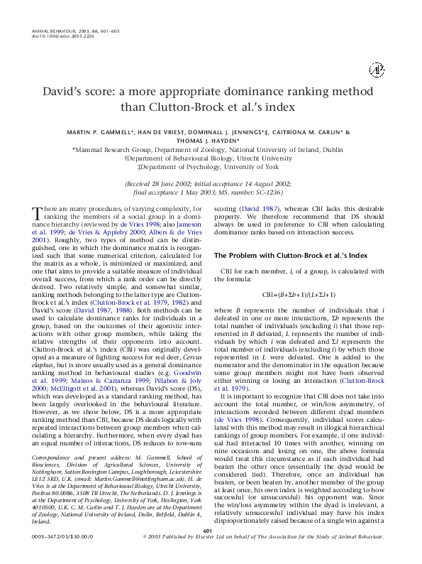(PDF) David's score: a more appropriate dominance ranking method than ...