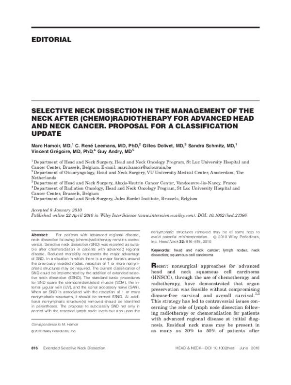 (PDF) Selective neck dissection in the management of the neck after (chemo)radiotherapy for ...