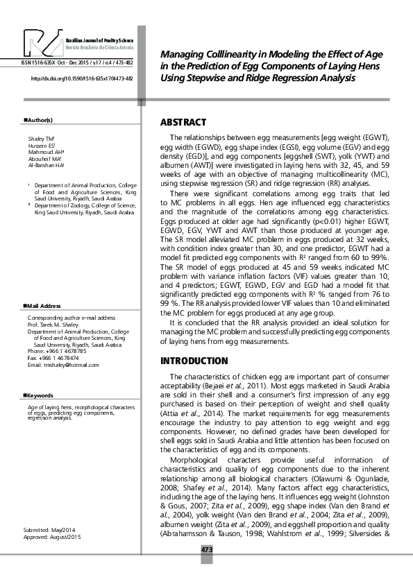(PDF) Managing Colllinearity in Modeling the Effect of Age in the Prediction of Egg Components ...