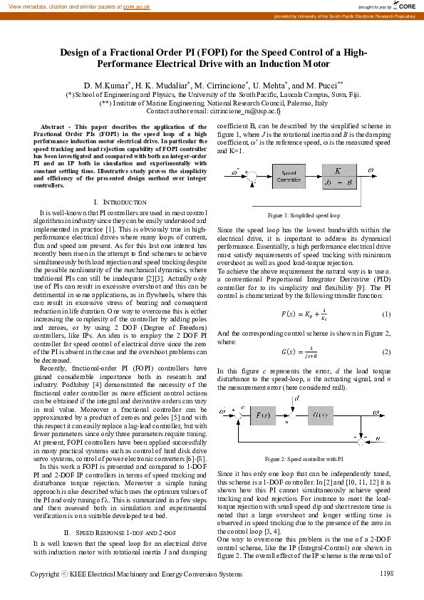 Pdf Design Of A Fractional Order Pi Fopi For The Speed Control Of A High Performance