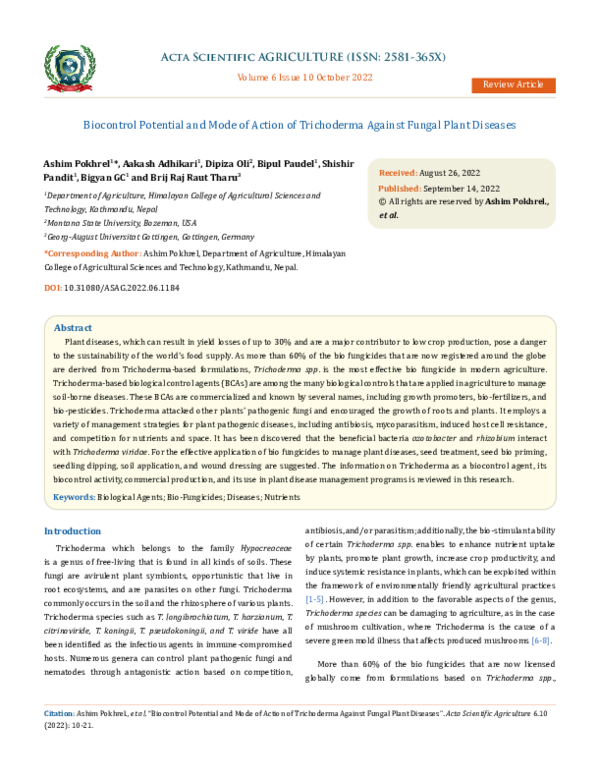 (PDF) Biocontrol Potential and Mode of Action of Trichoderma Against Fungal Plant Diseases
