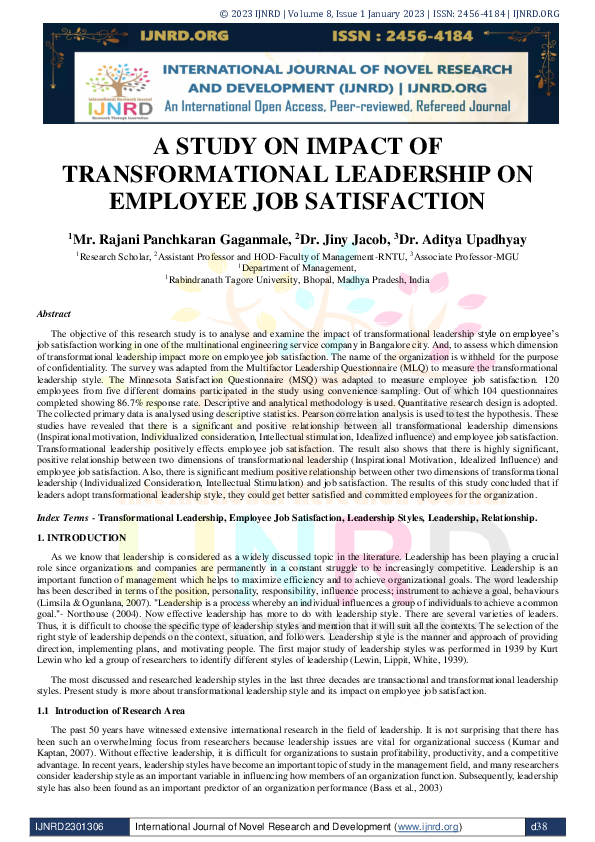 (PDF) A STUDY ON IMPACT OF TRANSFORMATIONAL LEADERSHIP ON EMPLOYEE JOB SATISFACTION