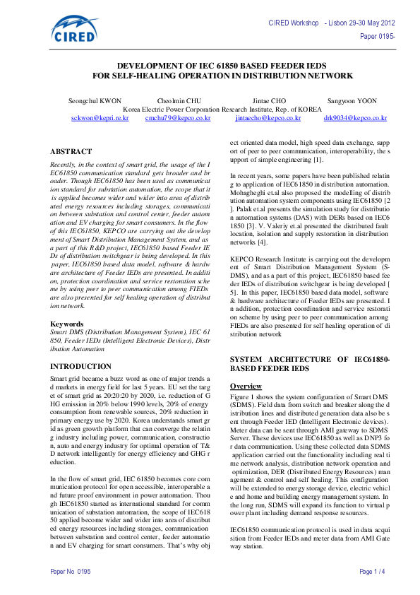 Pdf Development Of Iec 61850 Based Feeder Ieds For Self Healing Operation In Distribution