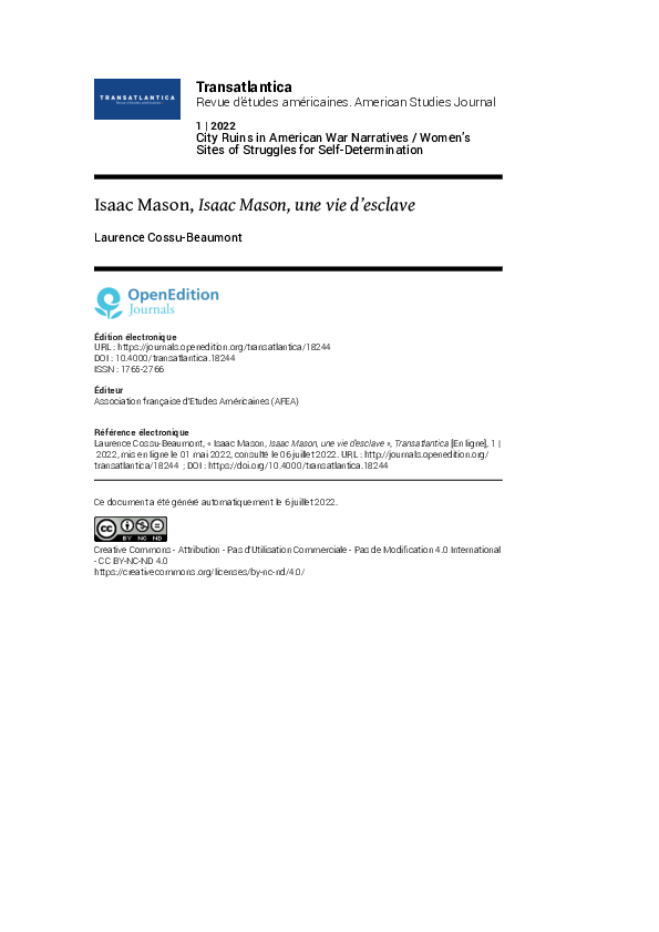 (PDF) Isaac Mason, Isaac Mason, une vie d’esclave