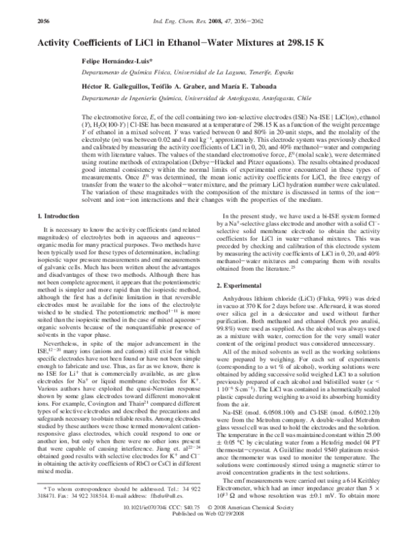 (PDF) Activity Coefficients of LiCl in Ethanol−Water Mixtures at 298.15 K