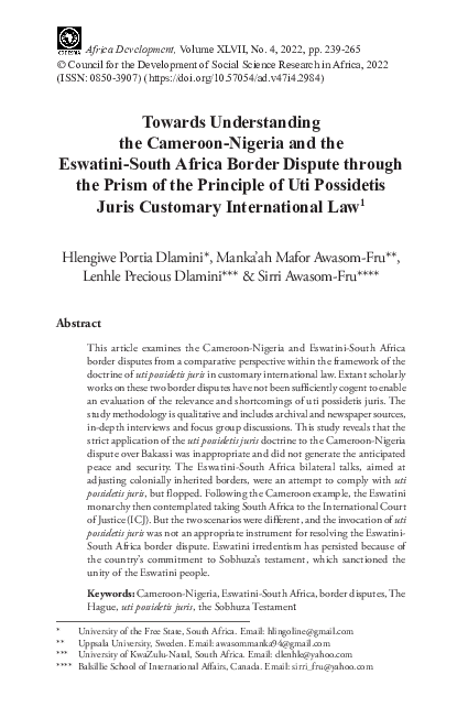 (PDF) Towards Understanding the Cameroon-Nigeria and the Eswatini-South ...