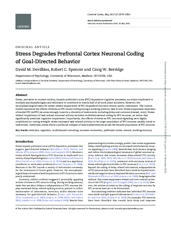 (PDF) Stress Degrades Prefrontal Cortex Neuronal Coding of Goal ...