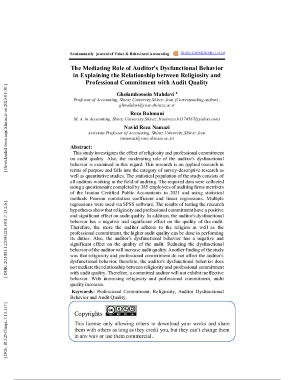 (PDF) The Mediating Role of Auditor's Dysfunctional Behavior in ...