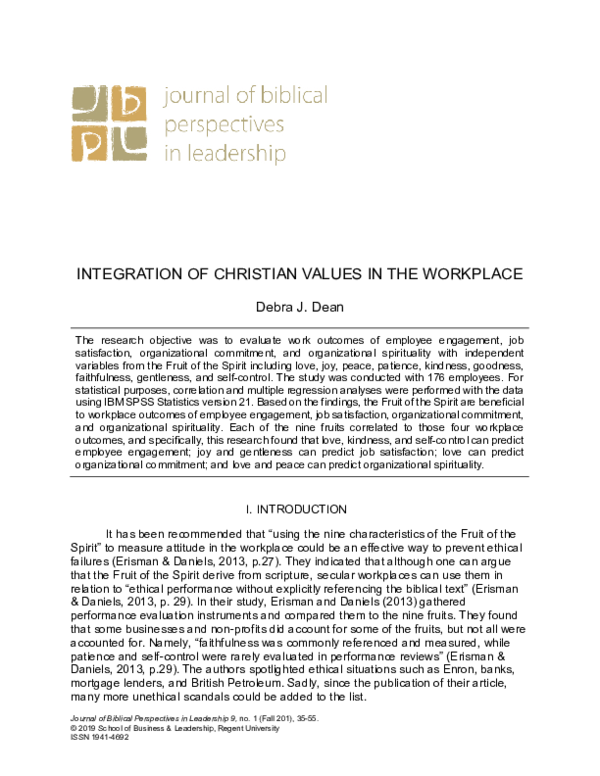 (PDF) Integration of Christian Values in the Workplace