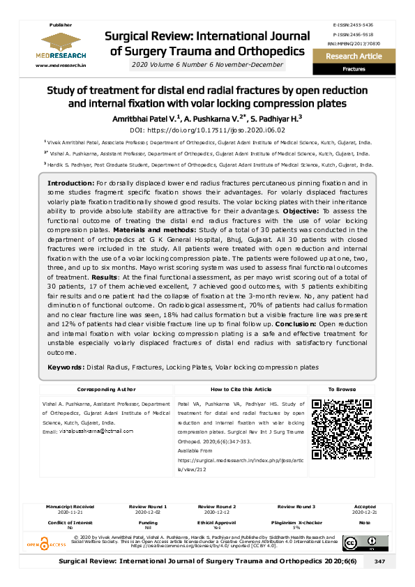 (PDF) Study of treatment for distal end radial fractures by open reduction and internal fixation ...