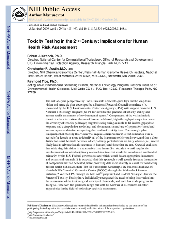 (PDF) Toxicity Testing in the 21st Century: Implications for Human ...