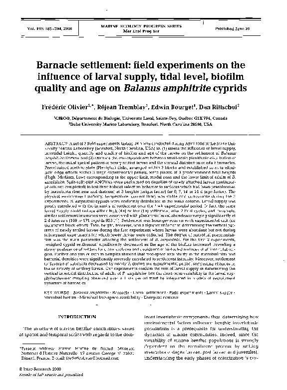 (PDF) Barnacle settlement:field experiments on the influence of larval ...